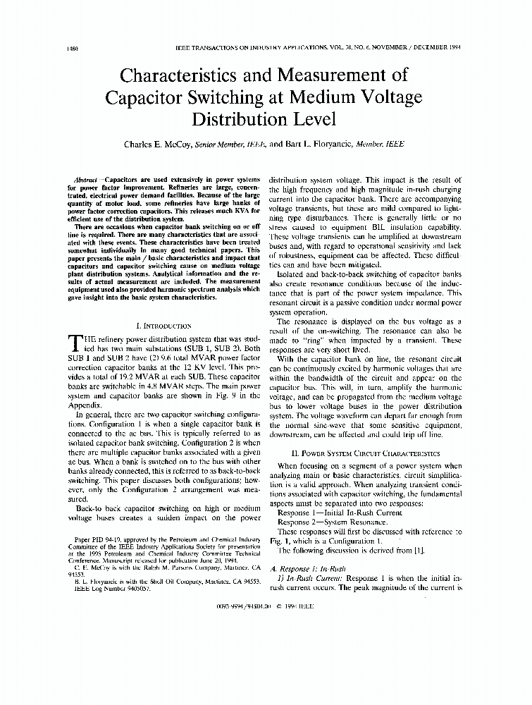 Characteristics and Measurements of Capacitor Switching at Medium ...