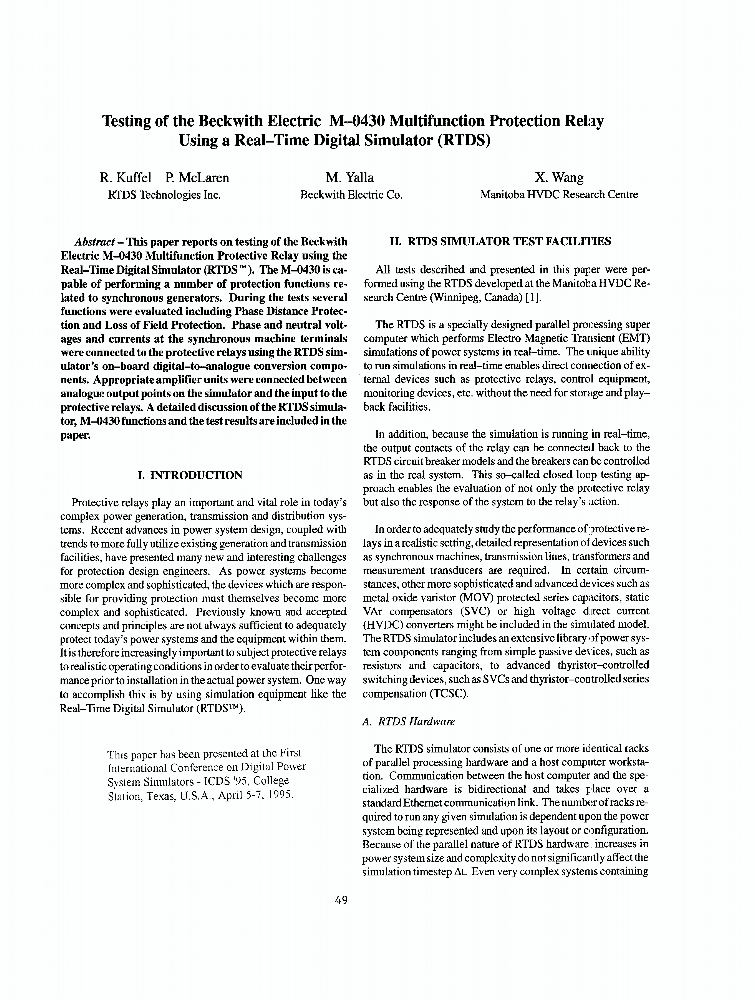 Testing of the Beckwith Electric M-0430 multifunction protection relay ...