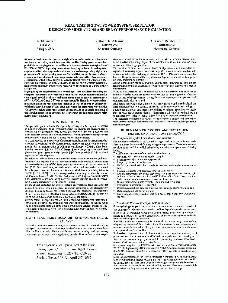 Real Time Digital Power System Simulator Design Considerations And Relay Performance Evaluation