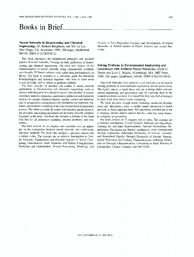 Neural Networks in Bioprocessing and Chemical Engineering [Books in ...