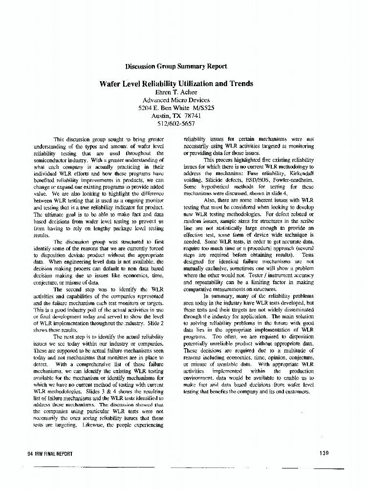 Wafer Level Reliability Utilization and Trends | IEEE Conference ...