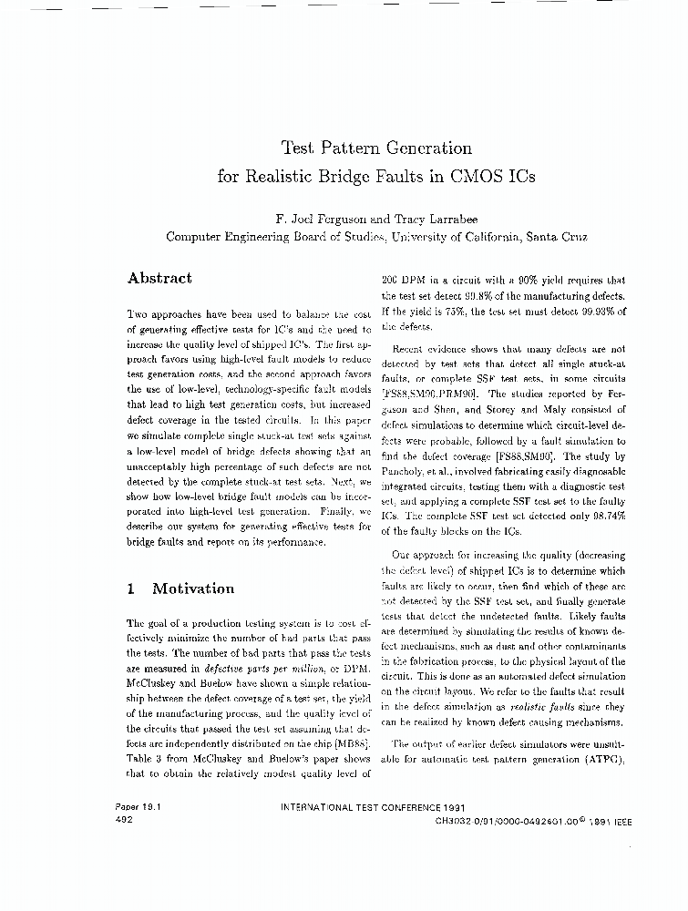 Test Pattern Generation for Realistic Bridge Faults in CMOS ICs | IEEE ...