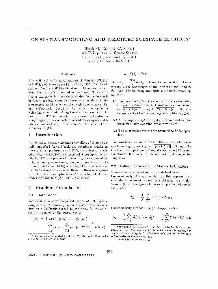 ON SPATIAL SMOOTHING AND WEIGHTED SUBSPACE METHODS | IEEE Conference Publication | IEEE Xplore