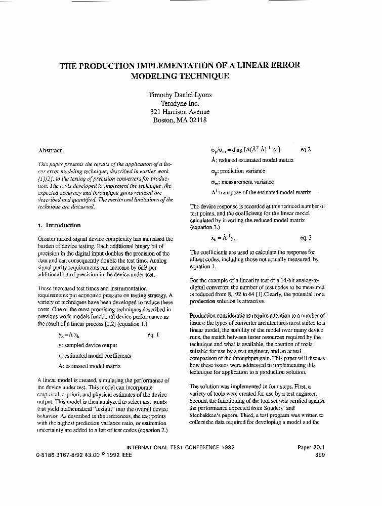 THE PRODUCTION IMPLEMENTATION OF A LINEAR ERROR MODELING TECHNIQUE ...