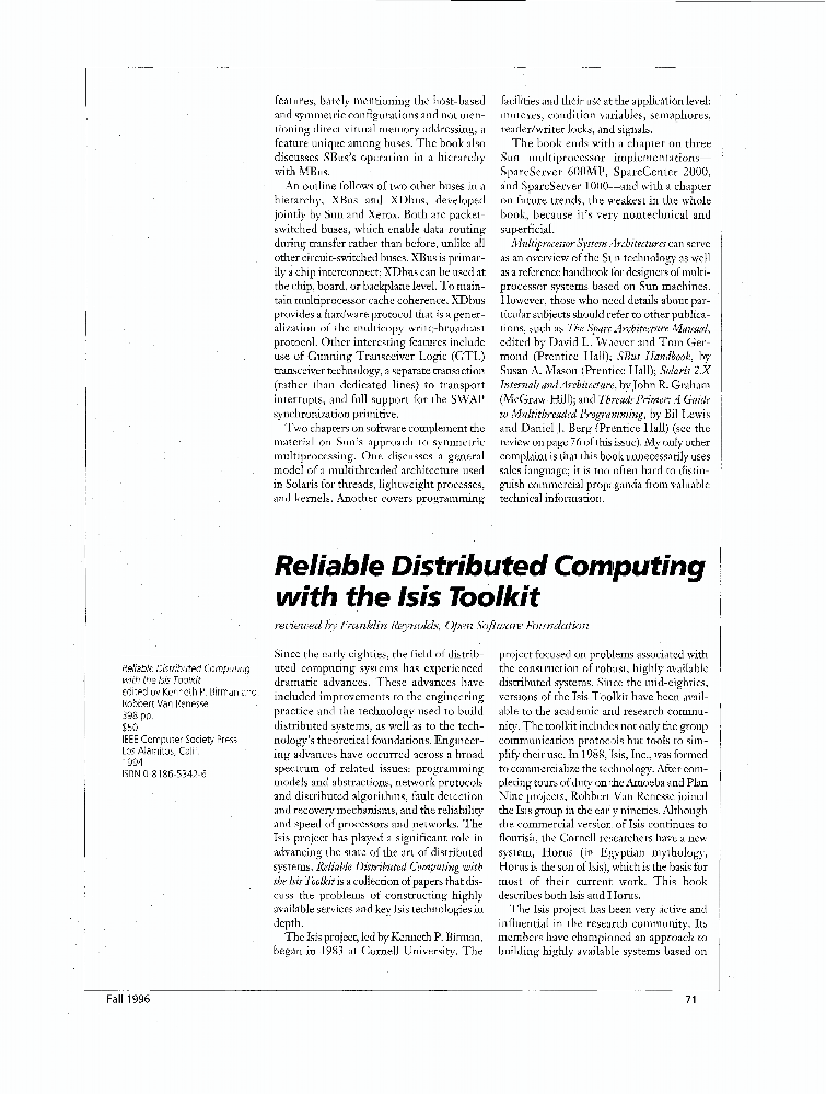 Reliable distributed computing with the Isis toolkit [Book Reviews] | IEEE Journals & Magazine ...