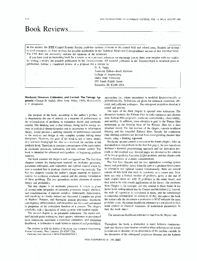 Stochastic Processes Estimation And Control The Entropy Approach Book Reviews Ieee