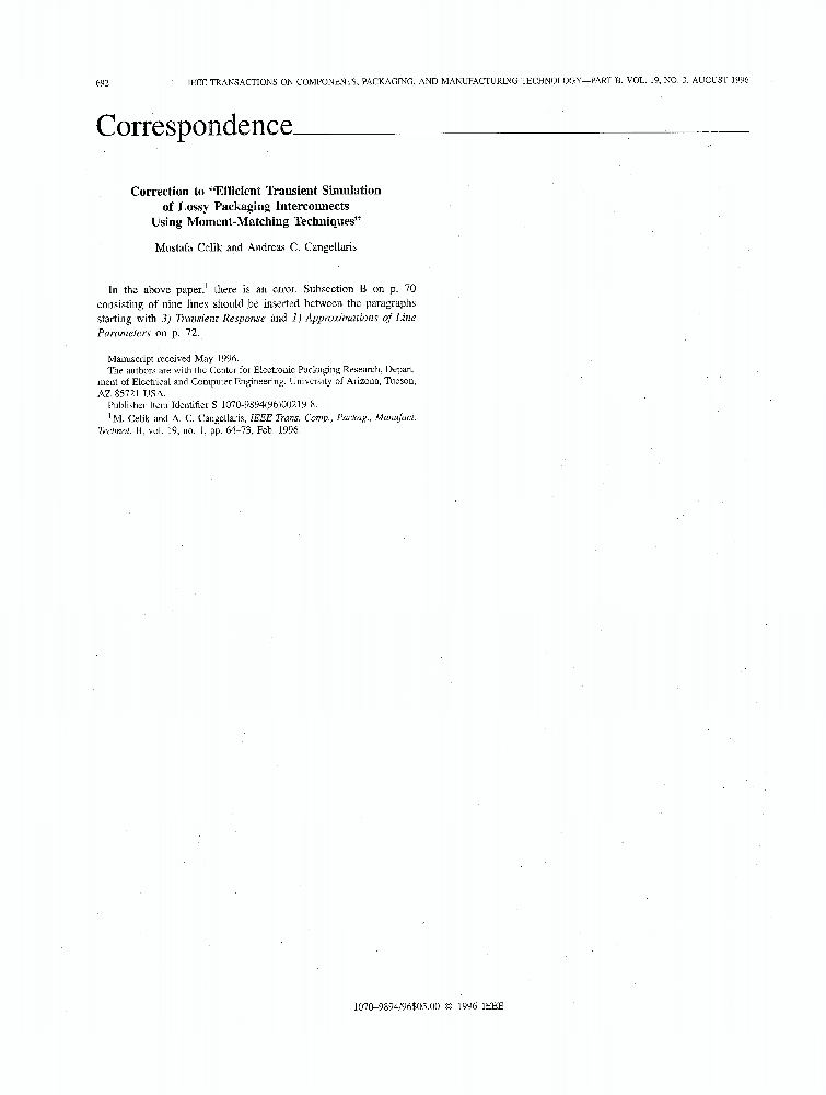 Correction To Efficient Transient Simulation Of Lossy Packaging Interconnects Using Moment