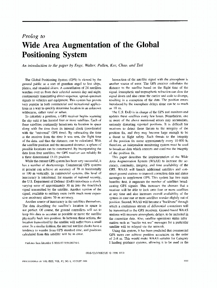Prolog To Wide Area Augmentation Of The Global Positioning System Ieee Journals And Magazine