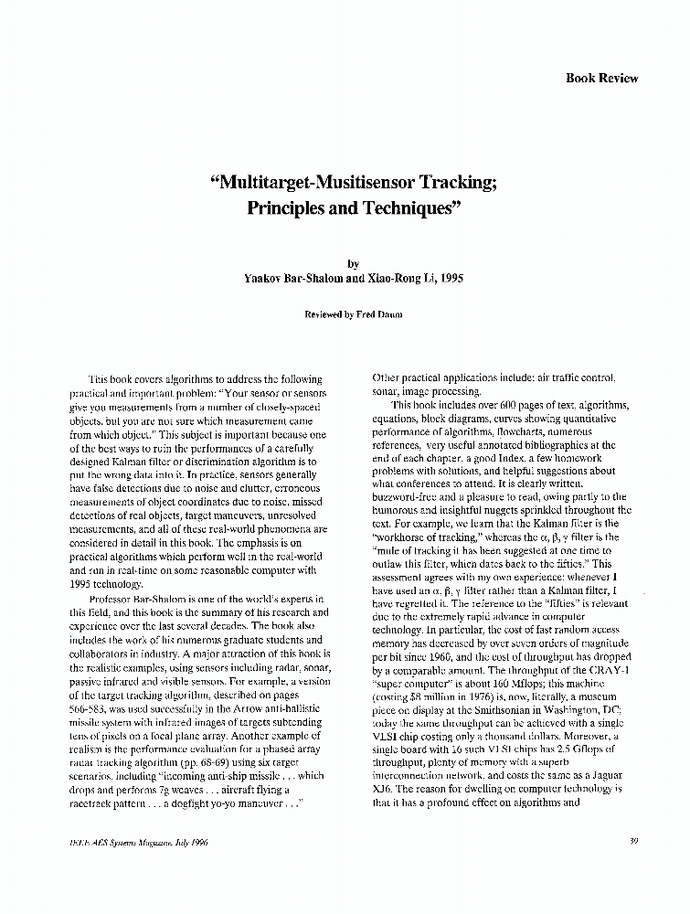 "Multitarget-Musitisensor Tracking; Principles and Techniques" [Book Review] | IEEE Journals ...