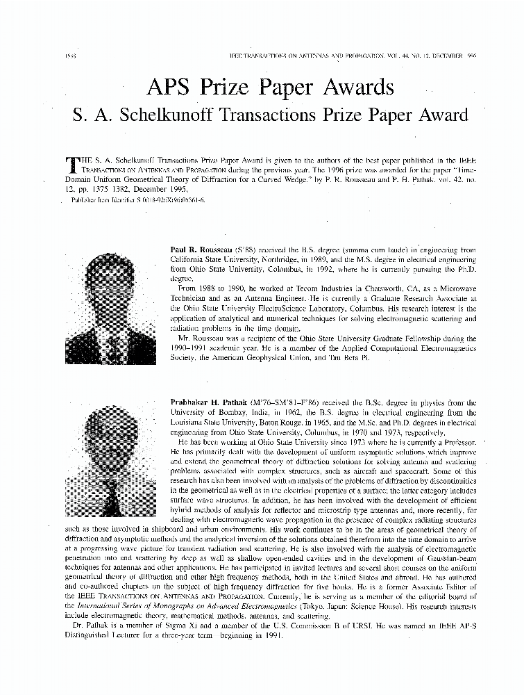 APS Prize Paper Awards S.A. Schelkunoff Transactions Prize Paper Award ...