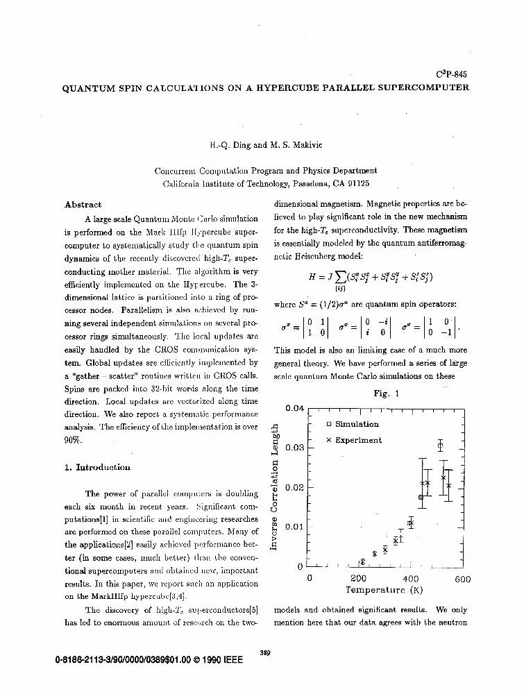Quantum Spin Calculations On A Hypercube Parallel Supercomputer Ieee