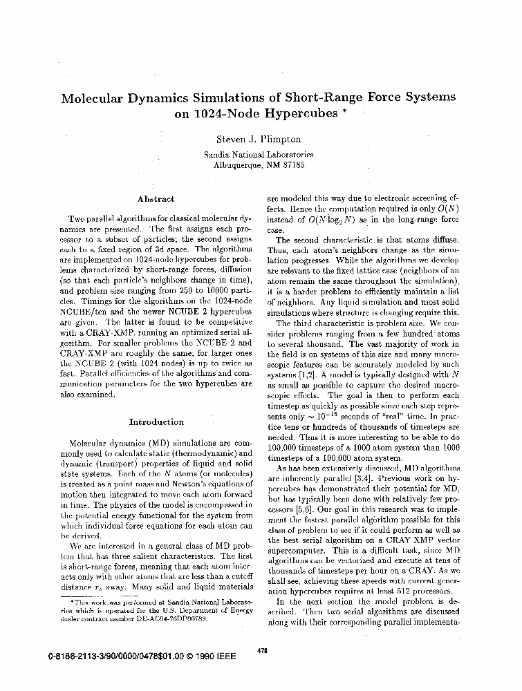 Molecular Dynamics Simulations Of Short Range Force Systems On 1024 Node Hypercubes Ieee