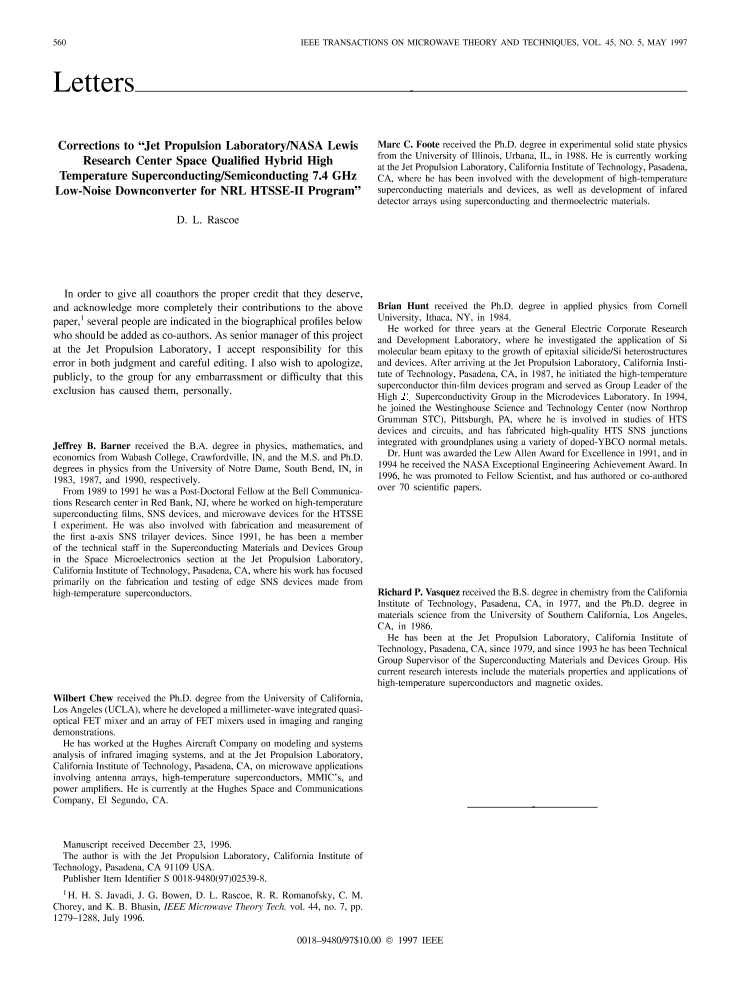 Corrections to "Jet Propulsion Laboratory/nasa Lewis Research Center ...