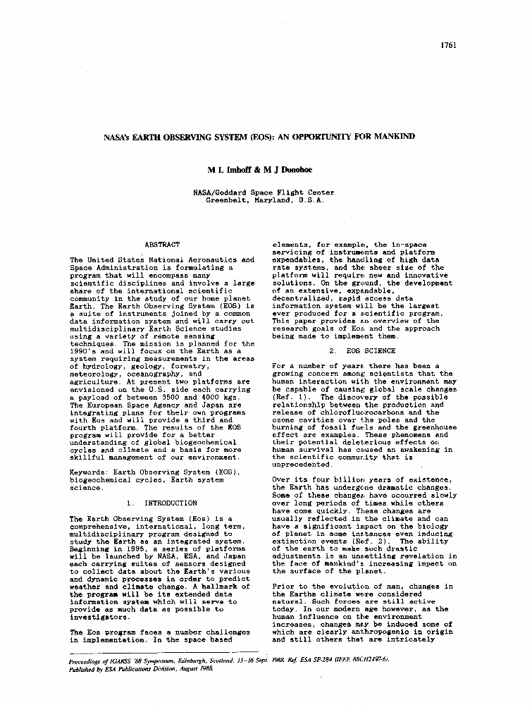 Nasa's Earth Observing System (EOS): An Opportunity For Mankind | IEEE ...