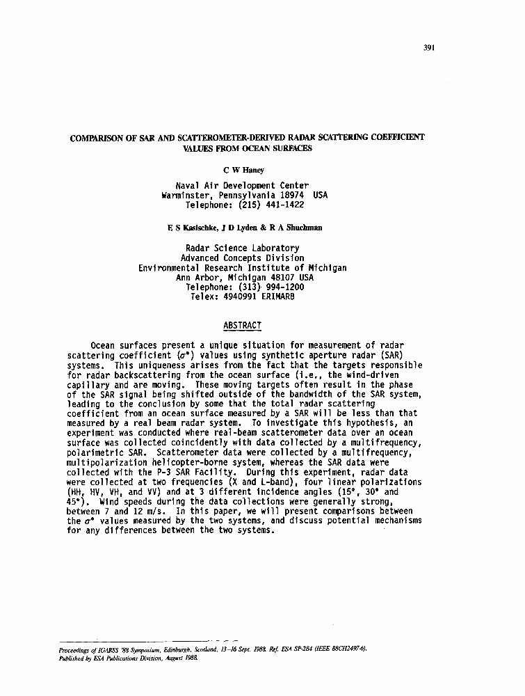 Comparison Of SAR And Scatterometer-derived Radar Values From Ocean ...