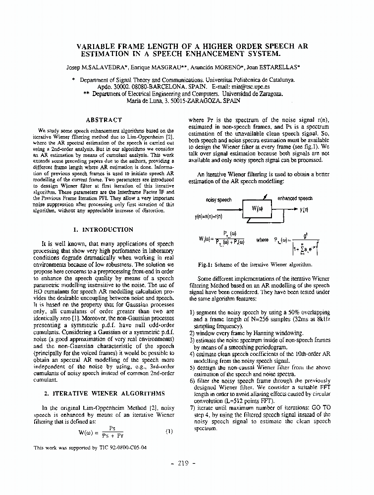 Variable Frame Length Of A Higher Order Speech AR Estimation In A Speech Enhancement System ...