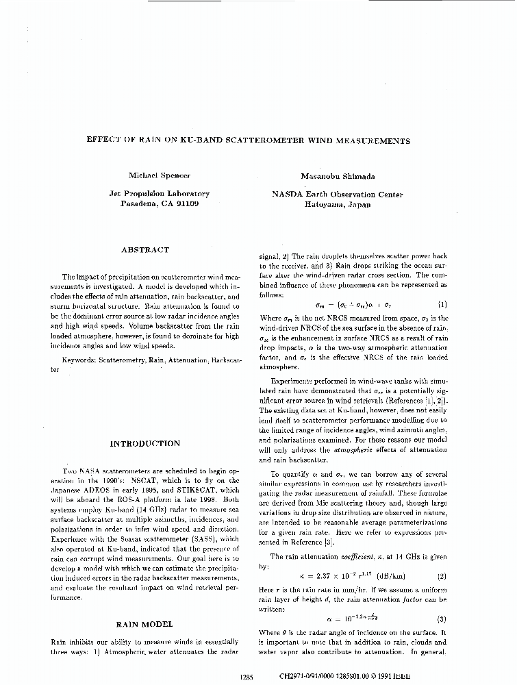 Effect of Rain on Ku-Band Scatterometer Wind Measurements | IEEE Conference Publication | IEEE ...