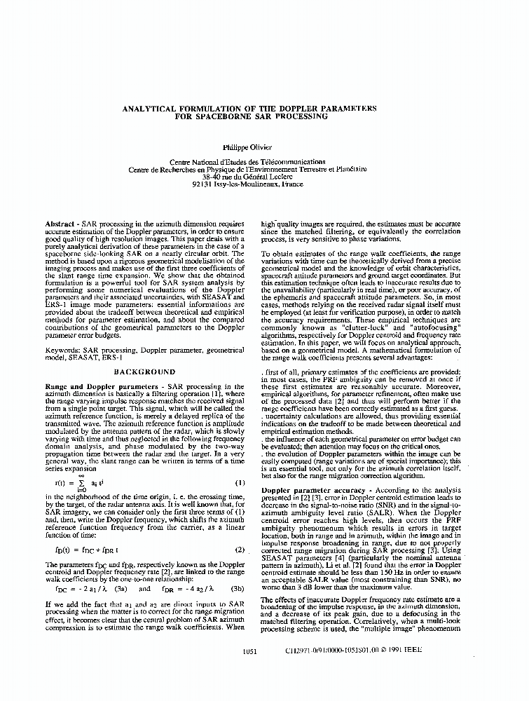 Analytical Formulation Of The Doppler Parameters For Spaceborne Sar Processing Ieee Conference
