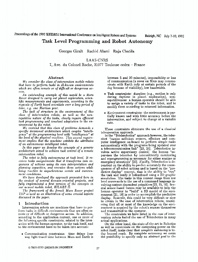 Task Level Programming And Robot Autonomy | IEEE Conference Publication ...
