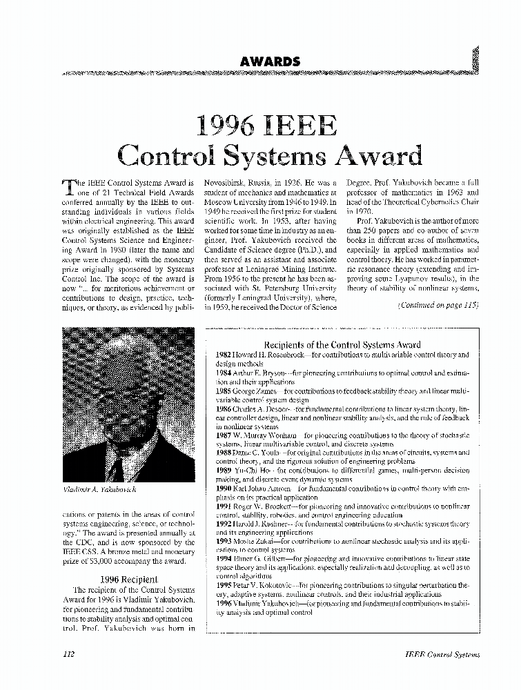 1996 IEEE Control Systems Award | IEEE Journals & Magazine | IEEE Xplore