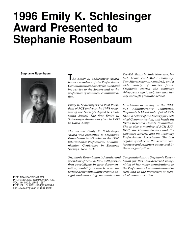 1996 Emily K. Schlesinger Award Presented To Stephanie Rosenbaum | IEEE ...