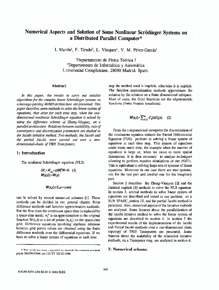 Numerical Aspects And Solution Of Some Nonlinear Scrodinger Systems On A Distributed Parallel ...
