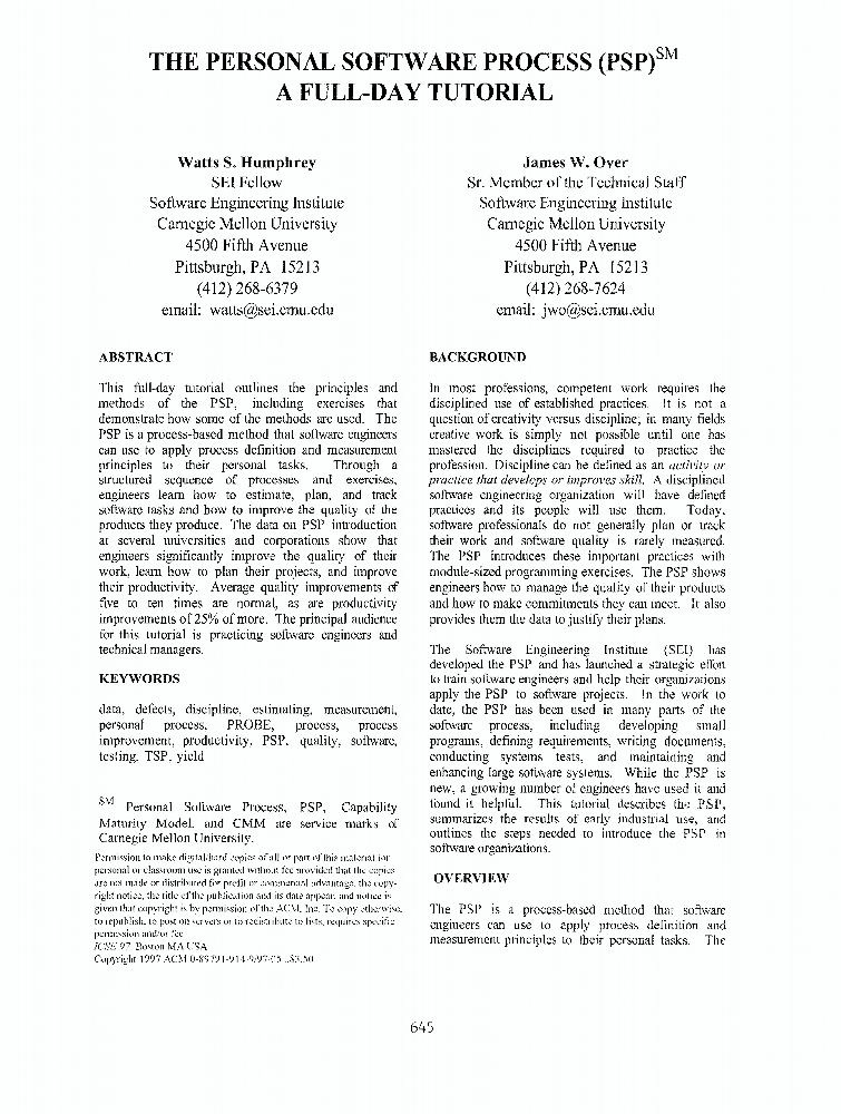 The Personal Software Process (PSP) A Full-day Tutorial | IEEE ...