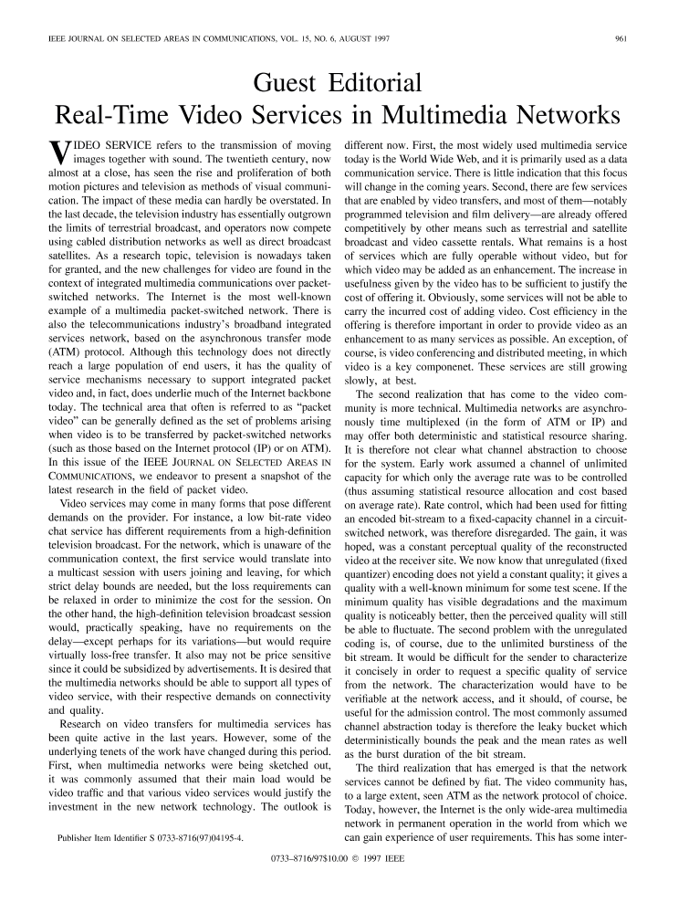 Guest Editorial Real-time Video Services In Multimedia Networks | IEEE ...