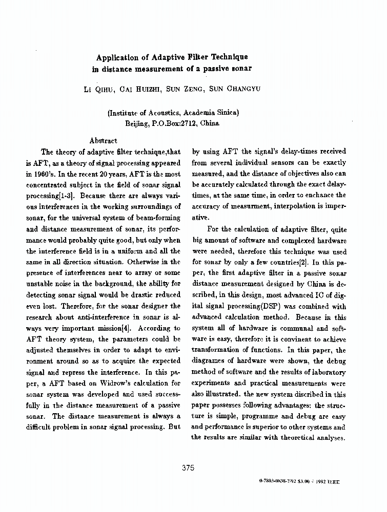 Application Of Adaptive Filter Technique In Distance Measurement Of A Passive Sonar Ieee