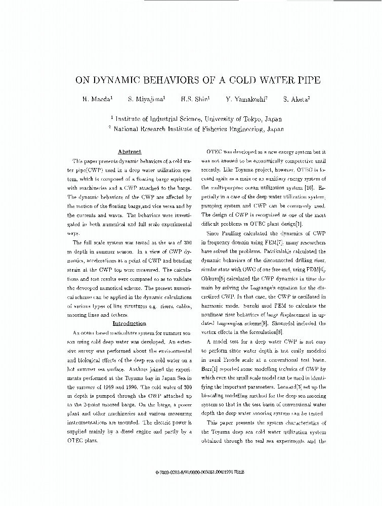 On Dynamic Behaviors of a cold water pipe | IEEE Conference Publication ...