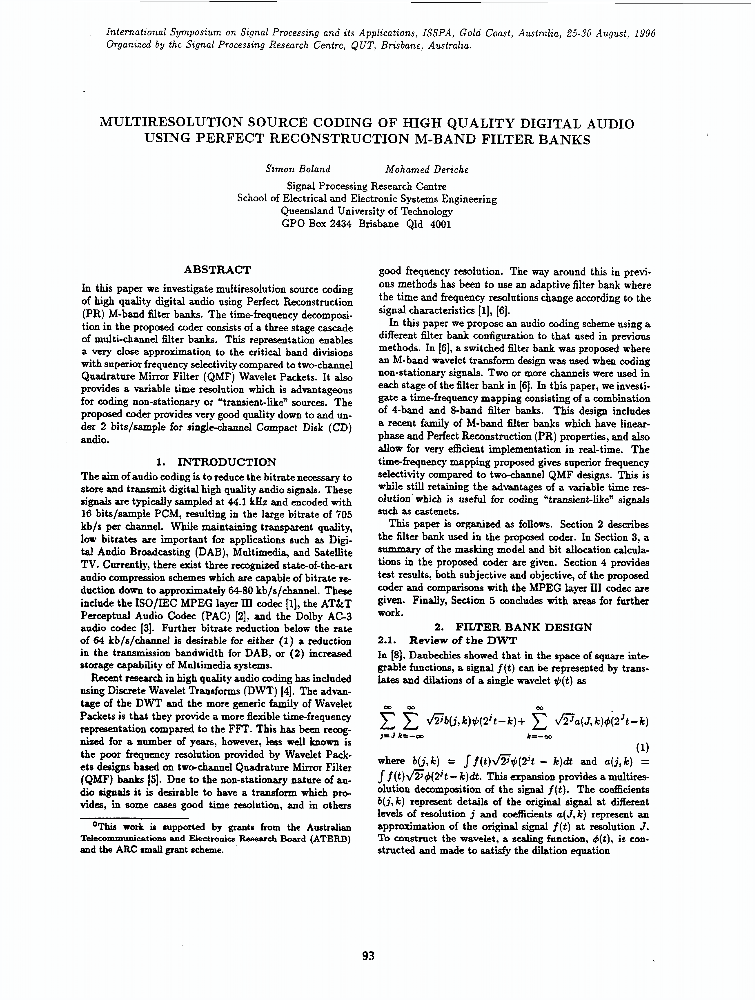 Multiresolution Source Coding Of High Quality Digital Audio Using Perfect Reconstruction M Band