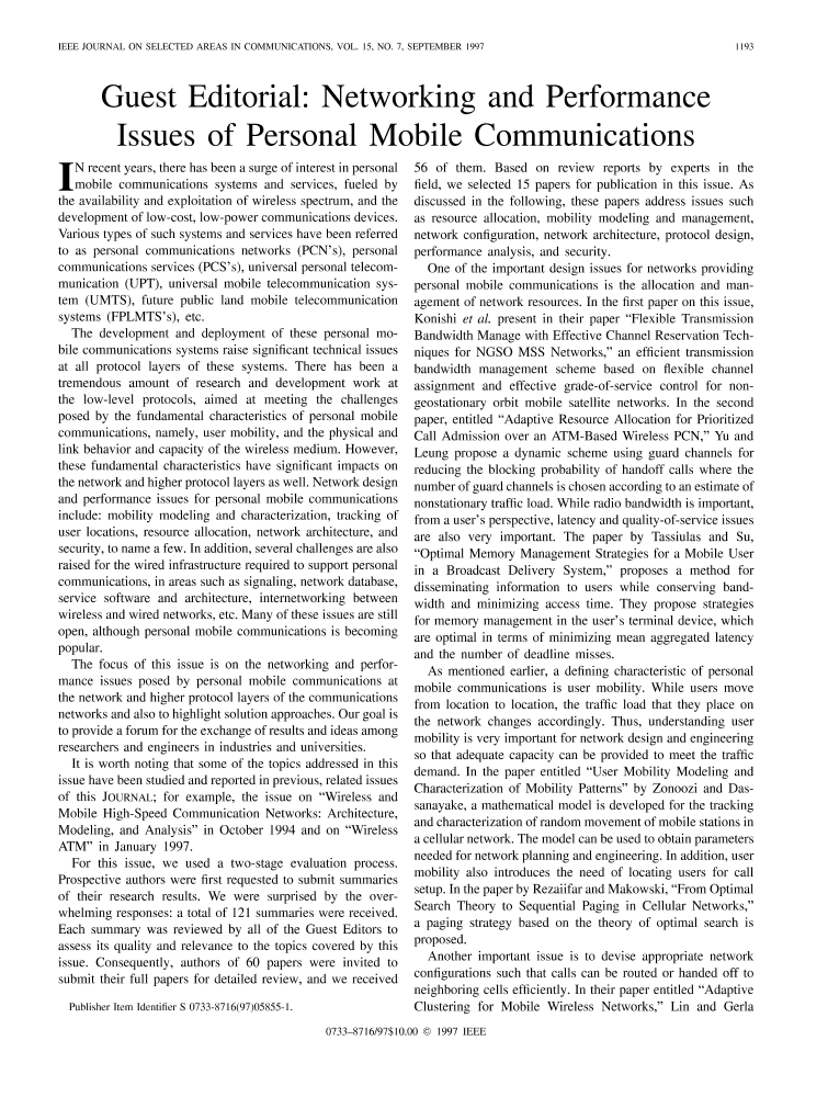 Networking and Performance Issues of Personal Mobile Communications | IEEE Journals & Magazine ...