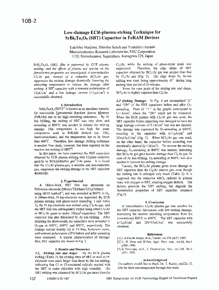 Low-damage ECR-plasma-etching technique for SrBi/sub 2/Ta/sub 2/O/sub 9 ...