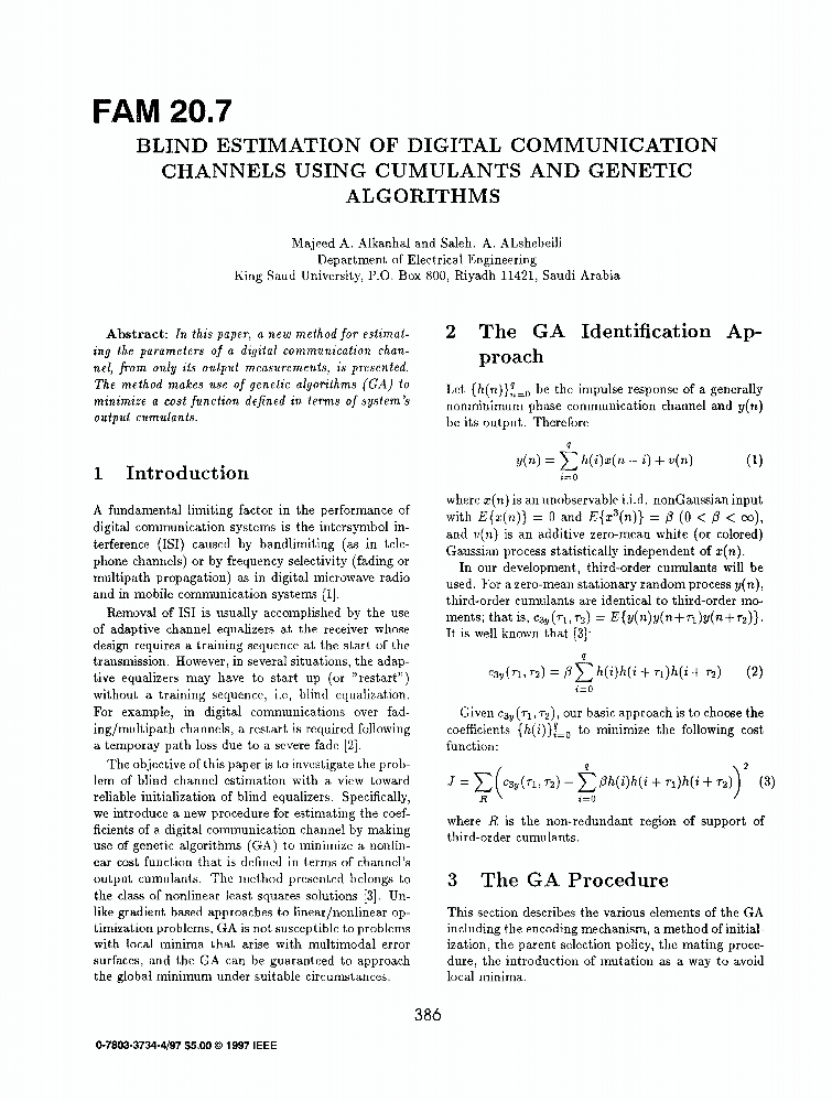 Blind Estimation Of Digital Communication Channels Using Cumulants And Genetic Algorithms | IEEE ...