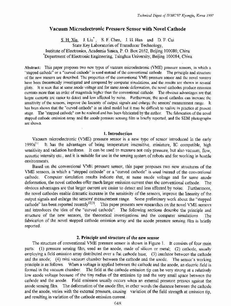Vacuum Microelectronic Pressure Sensor with Novel Cathode | IEEE ...