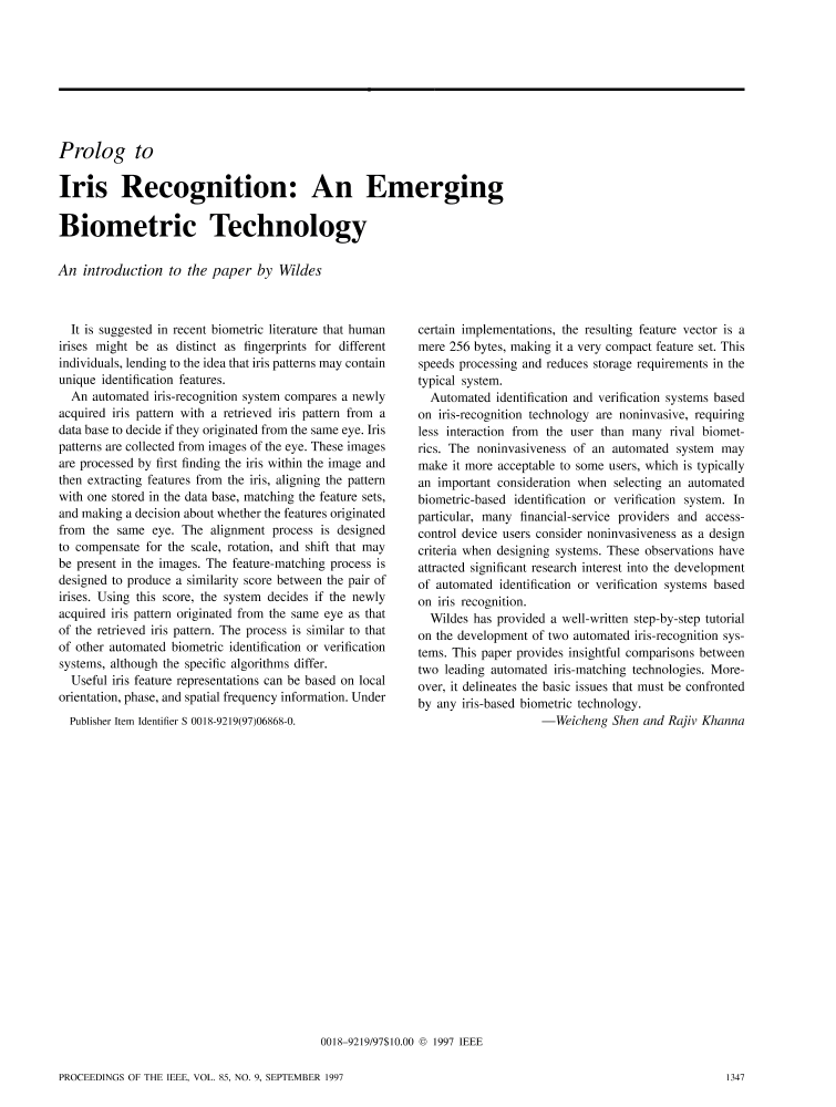Prolog to: Iris Recognition: An Emerging Biometric Technology | IEEE ...