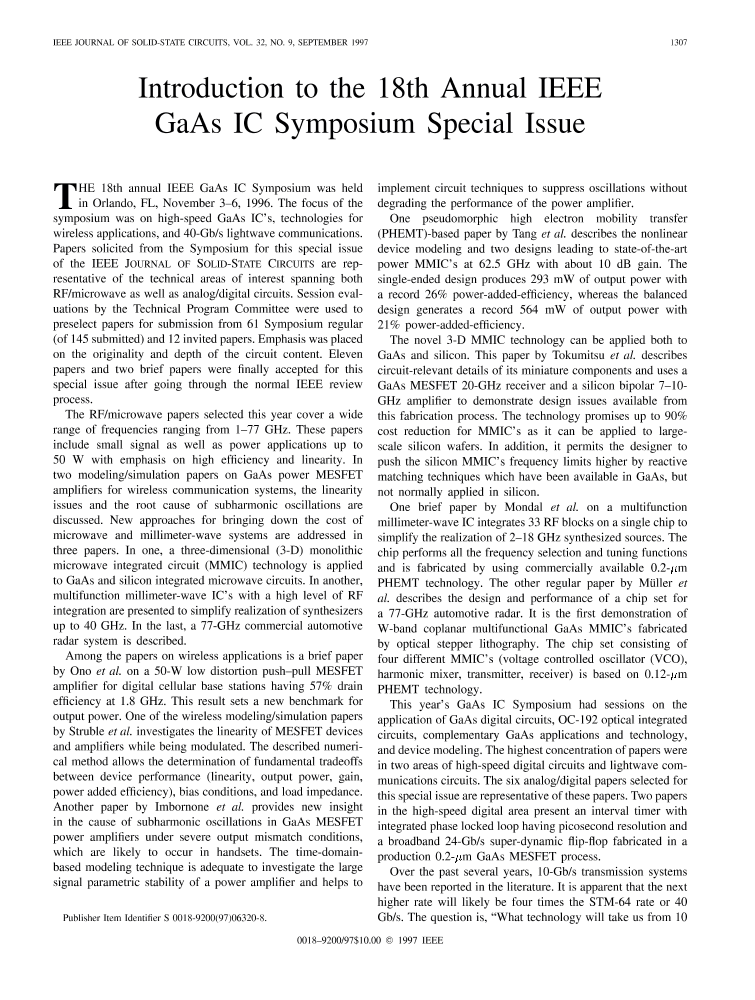 Introduction To The 18th Annual IEEE GaAs IC Symposium Special Issue ...