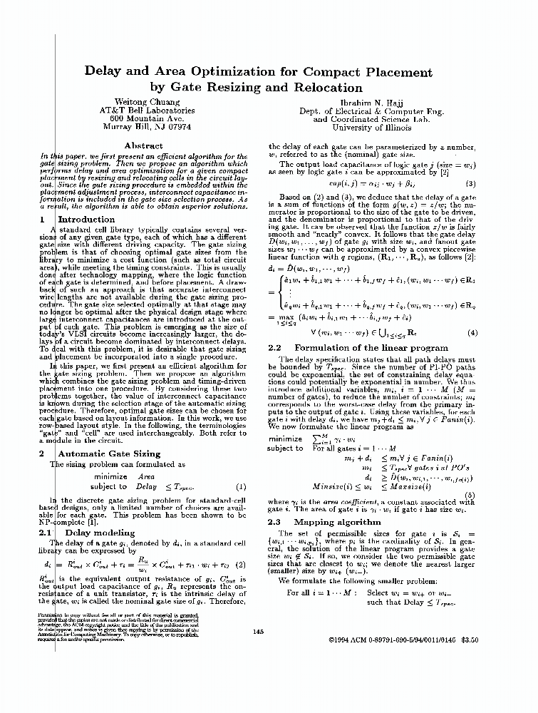 Delay And Area Optimization For Compact Placement By Gate Resizing And Relocation Ieee