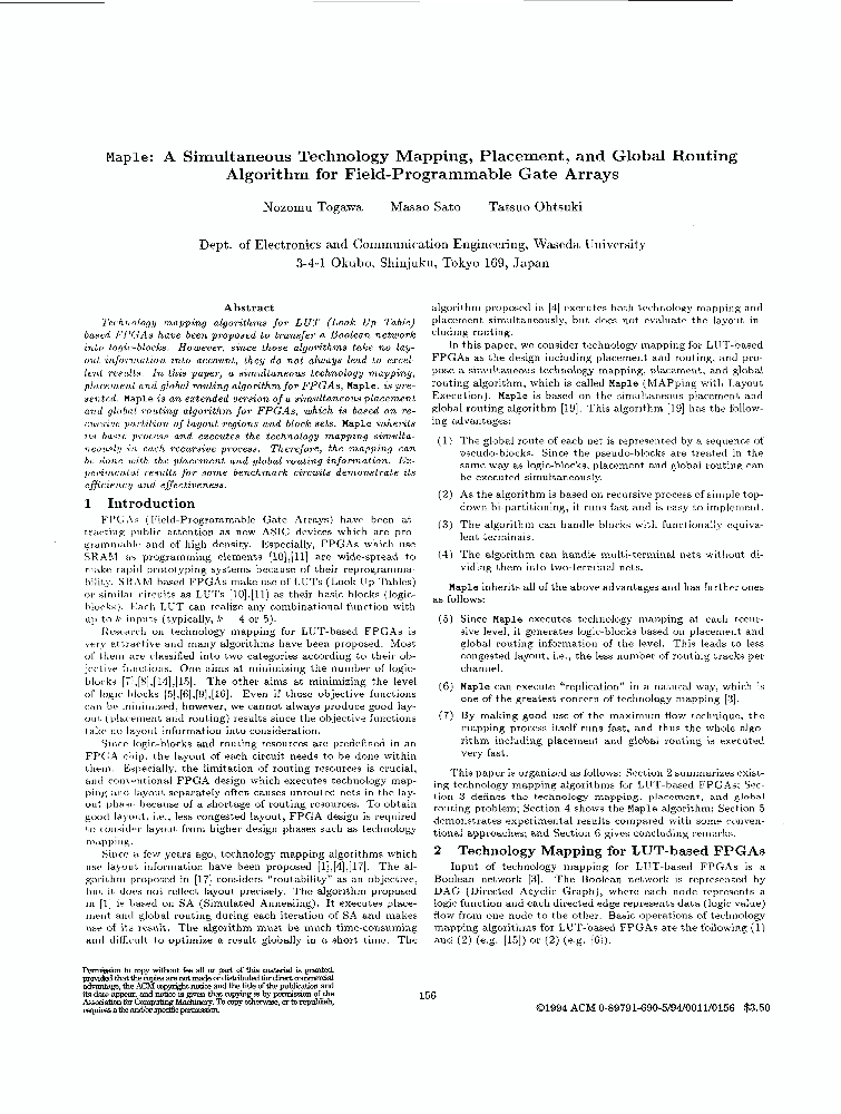 Maple A Simultaneous Technology Mapping Placement And Global Routing Algorithm For Field