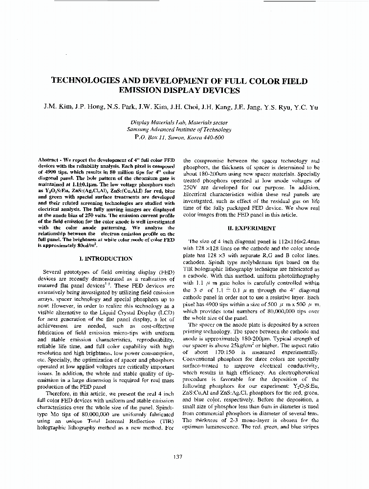 Technologies And Development Of Full Color Field Emission Display ...