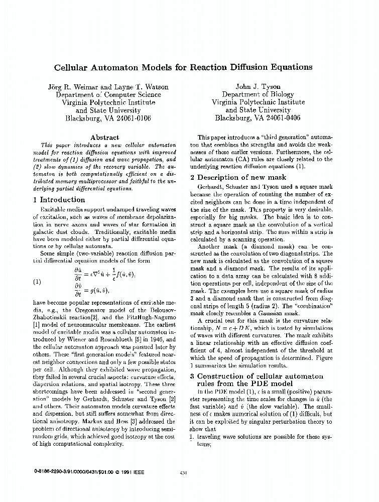 Cellular Automaton Models for Reaction Diffusion Equations | IEEE Conference Publication | IEEE ...