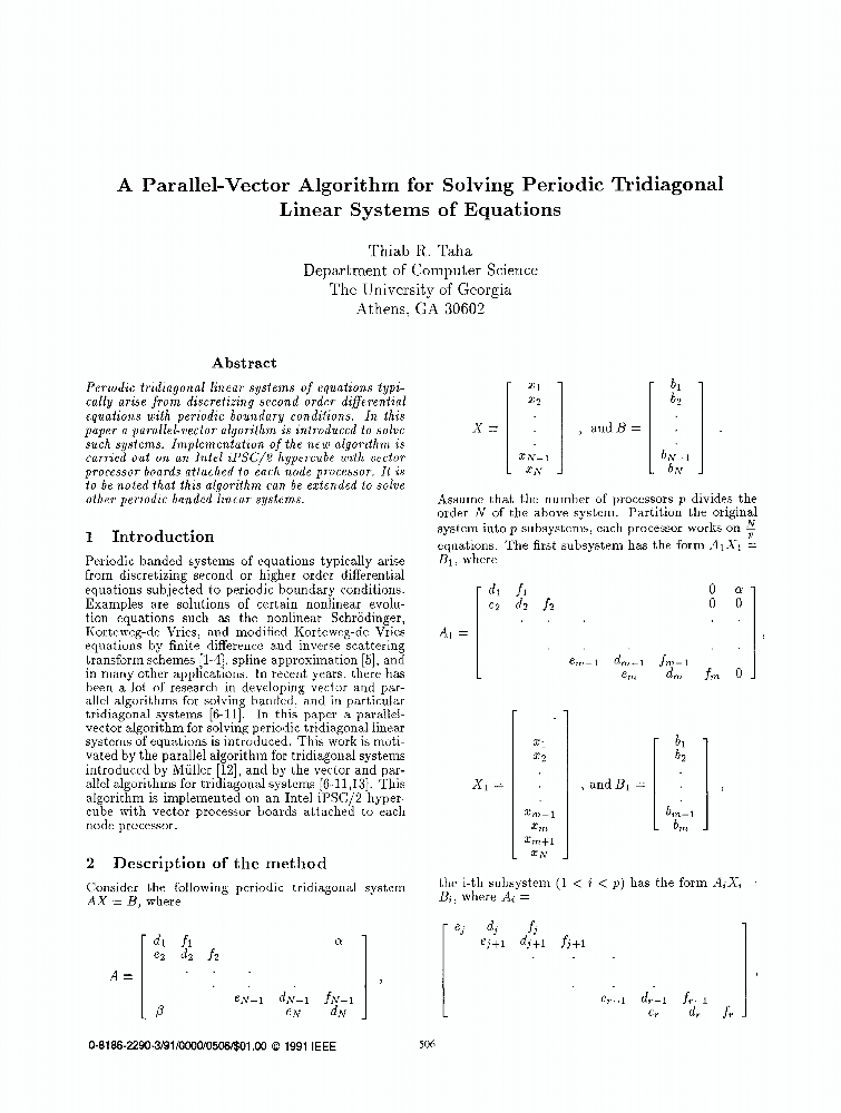 A Parallel-Vector Algorithm for Solving Periodic Tridiagonal Linear Systems of Equations | IEEE ...