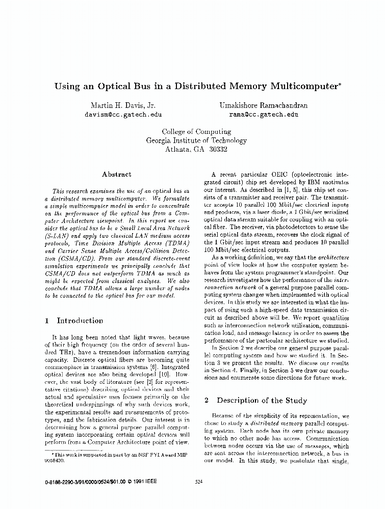 Using An Optical Bus In A Distributed Memory Multicomputer Ieee Conference Publication Ieee
