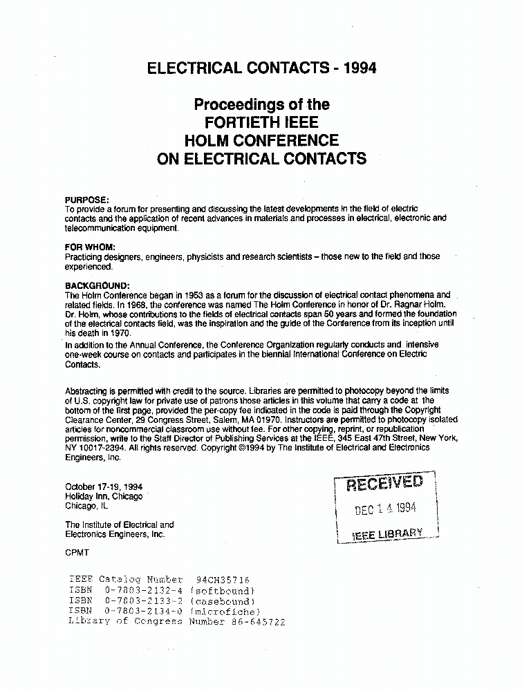 Proceedings of IEEE Holm Conference on Electrical Contracts | IEEE ...