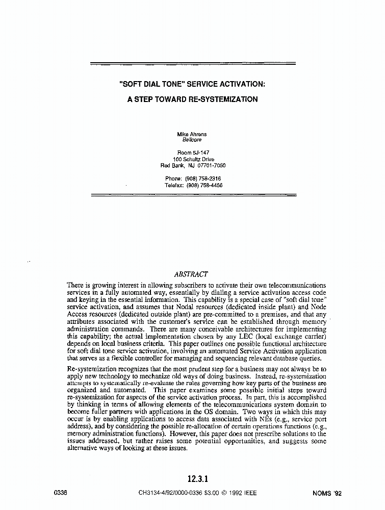 "Soft Dial Tone" Service Activation: A Step Toward Re-systemization ...