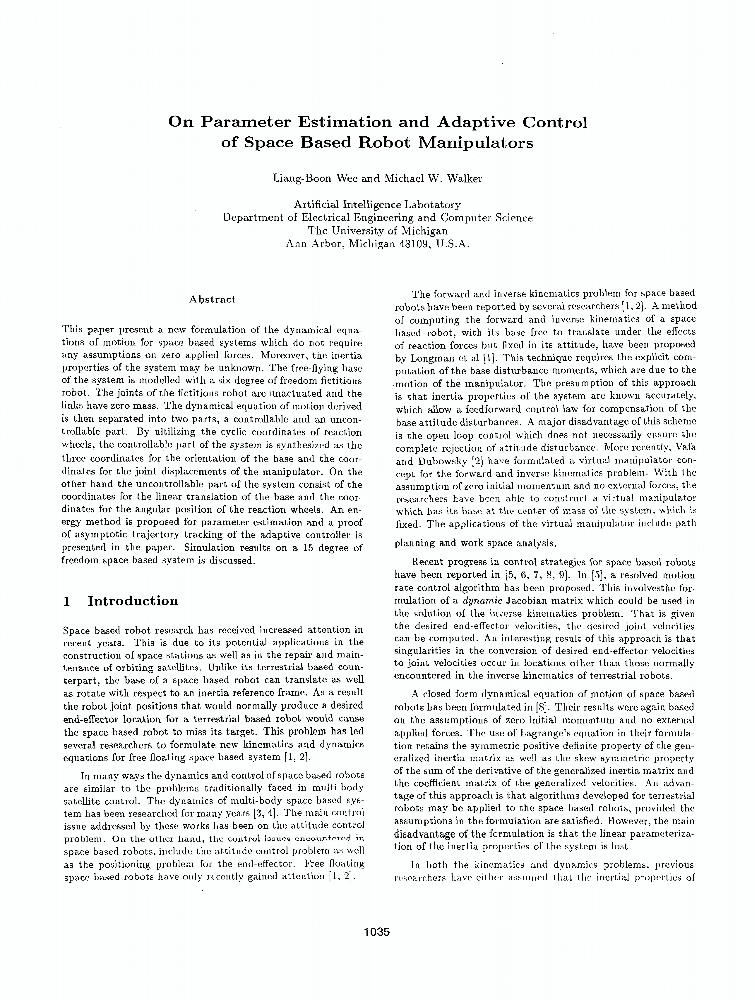 On Parameter Estimation And Adaptive Control Of Space Based Robot Manipulators Ieee Conference