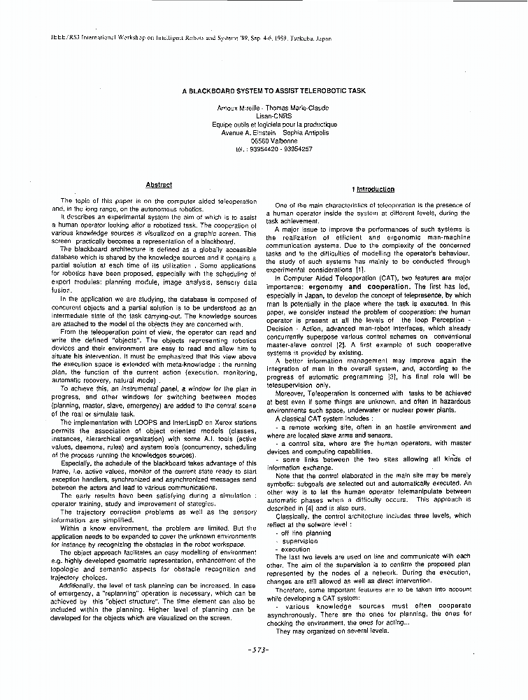 A Blackboard System To Assist Telerobotic Task | IEEE Conference Publication | IEEE Xplore