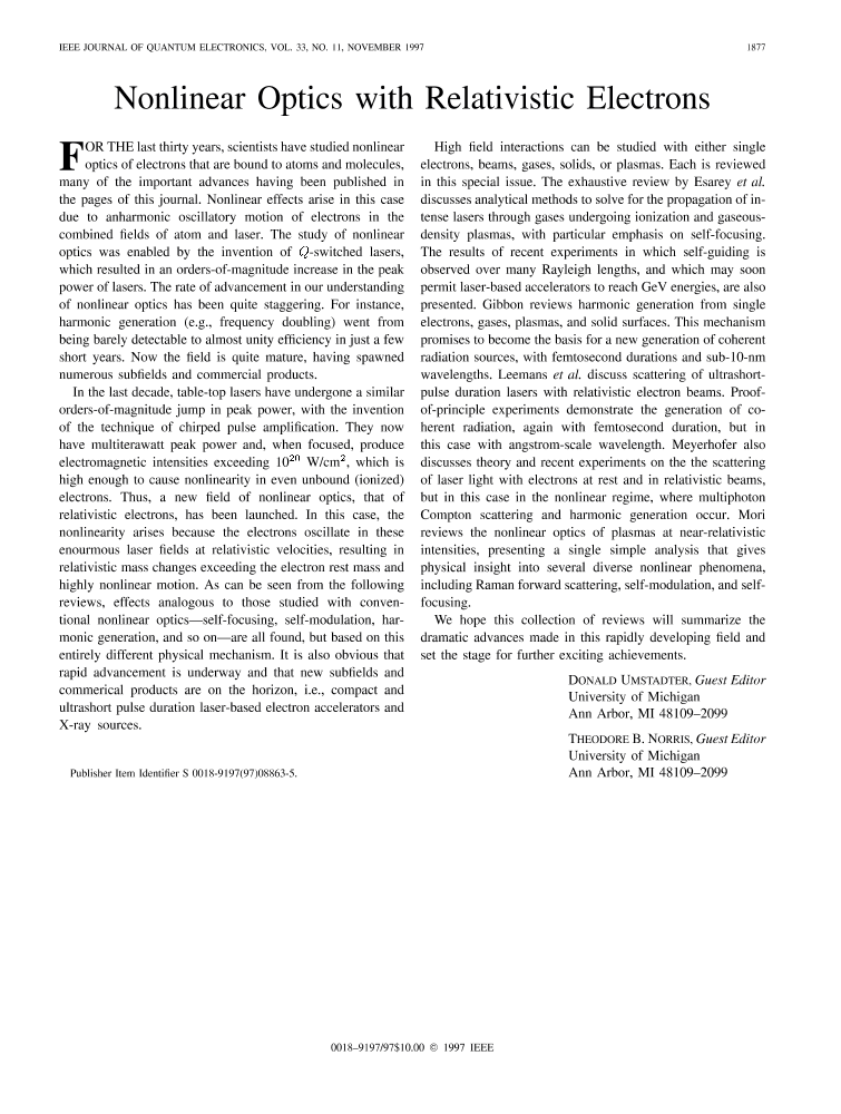 Nonlinear Optics With Relativistic Electrons [Guest Editorial] | IEEE ...