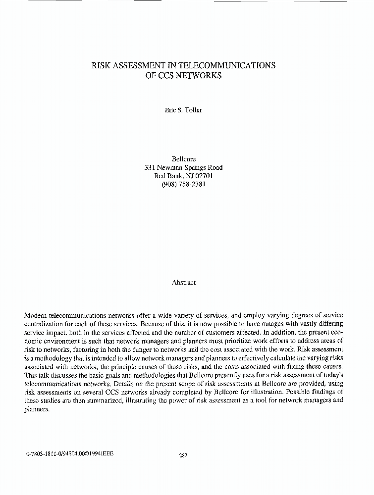 Risk Assessment in Telecommunications of Ccs Networks | IEEE Conference ...