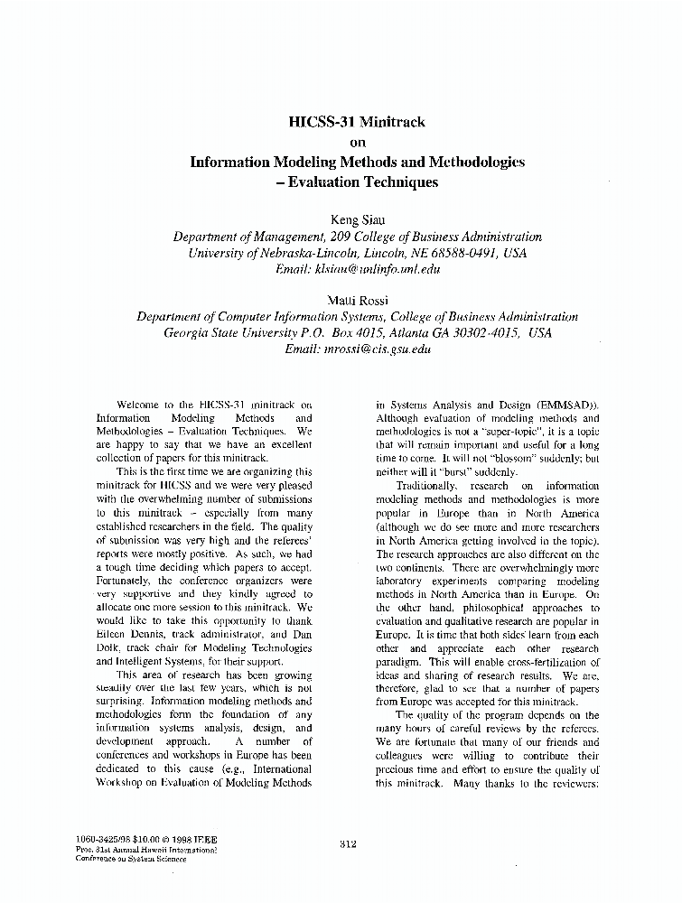Hicss 31 Minitrack On Information Modeling Methods And Methodologies
